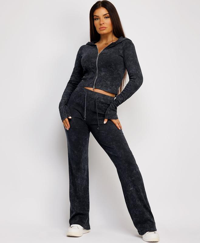 Lexi Fashion Women Ladies Acid Wash Hooded Ribbed Double Zip & Flared ...