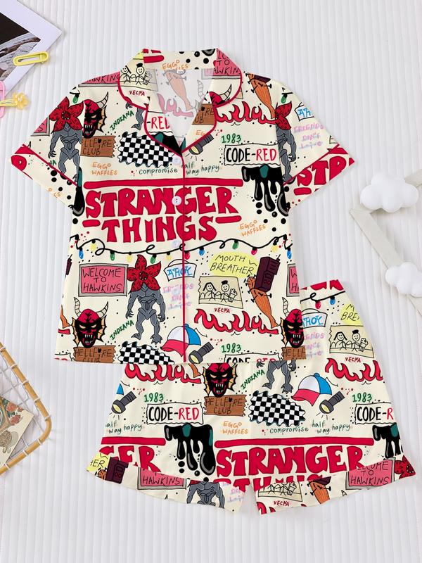 Stranger Things Kids Pajama Set, Cartoon Print Short Sleeves & Loose ...